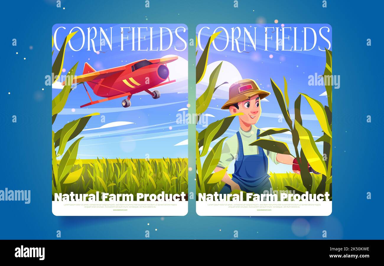 Natural farm products cartoon posters with farmer work on corn field ...