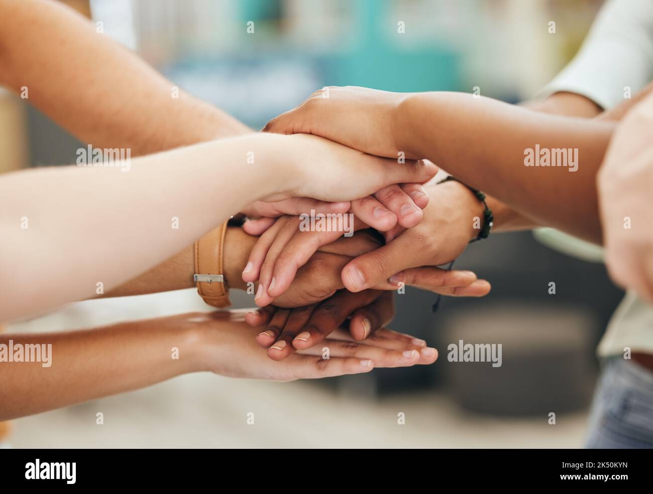 Group hands, teamwork motivation and vision mission for success ...