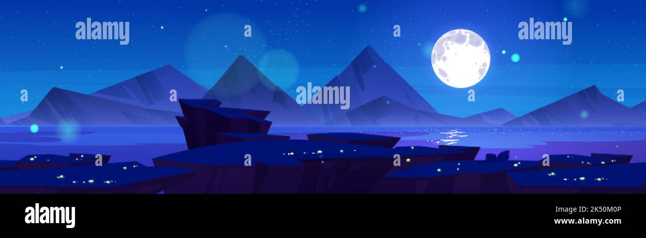 Night sky and mountain landscape cartoon illustration. Vector design of ...