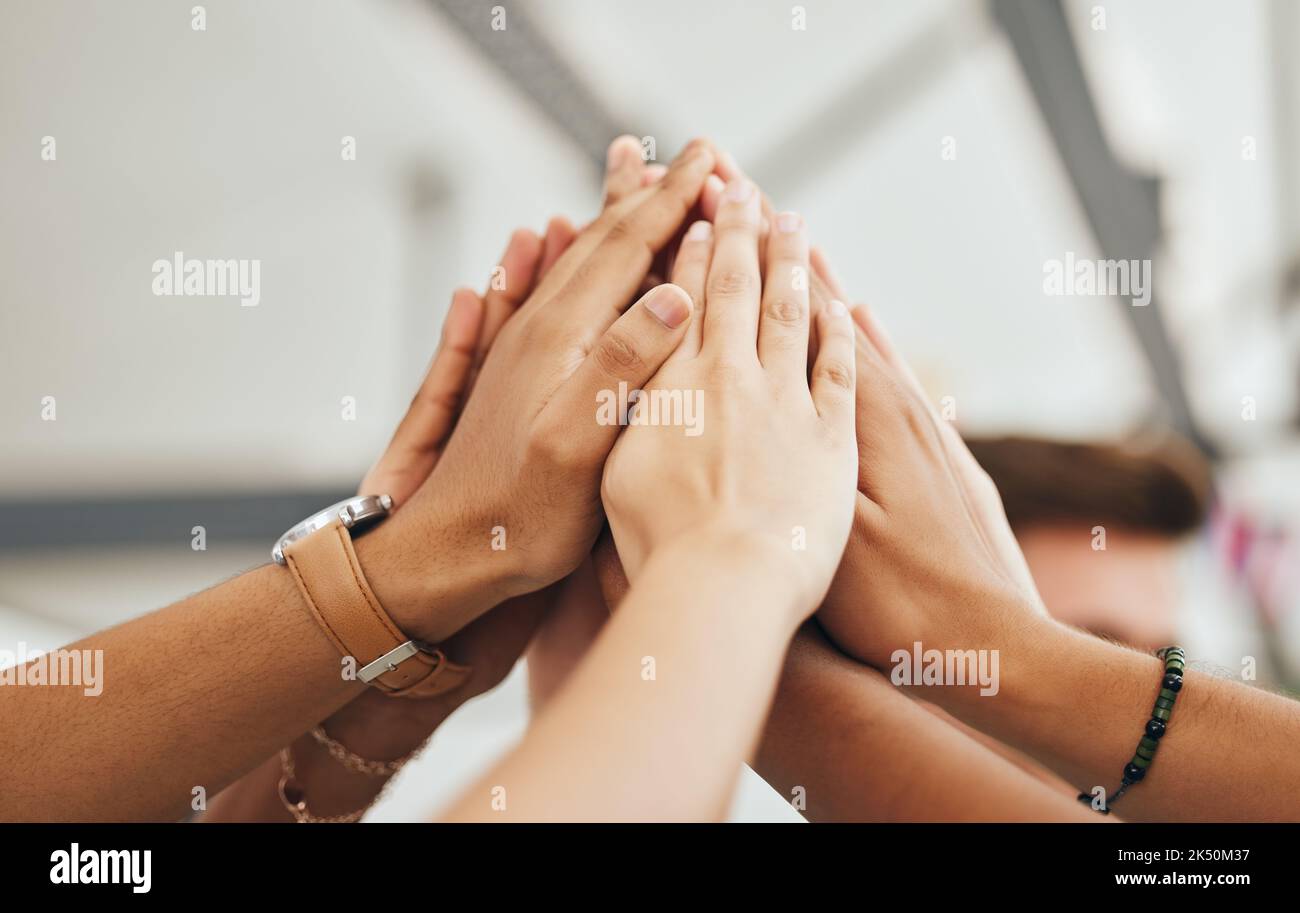 Support, community and high five with hands of people in collaboration ...