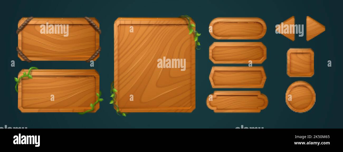 Wooden game buttons, menu interface made of wood textured boards with ...