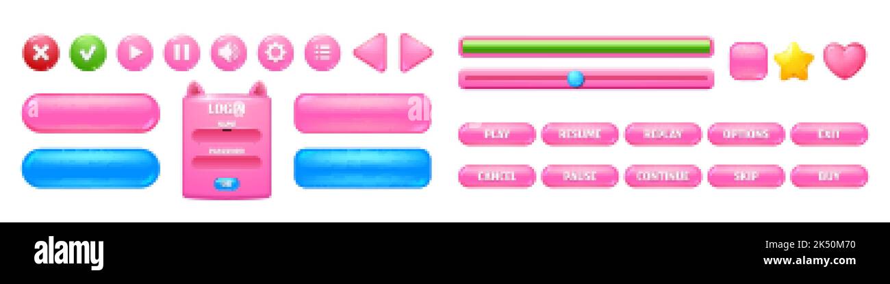 Game menu interface, pink and blue glossy ui buttons, progress bars ...
