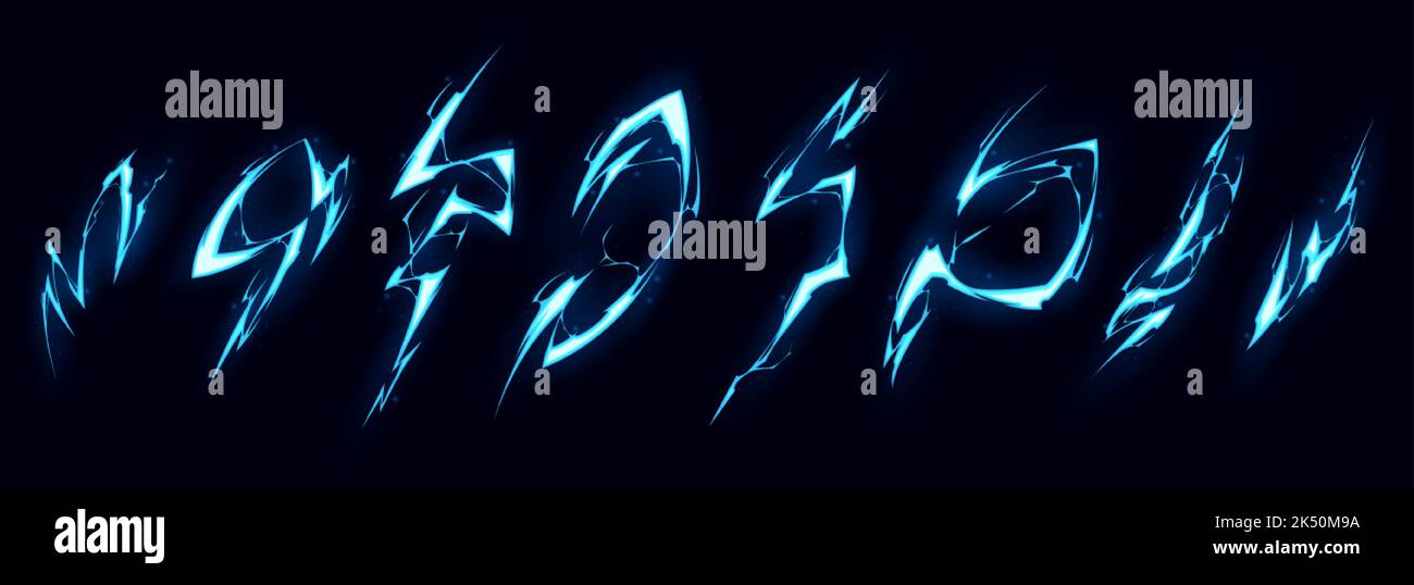 Lightnings, blue thunderbolts, electric strikes isolated on black ...