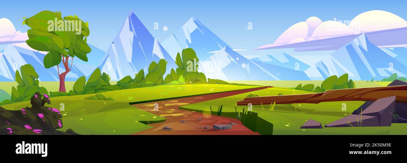 Cartoon nature mountain landscape with rural dirt road going along ...