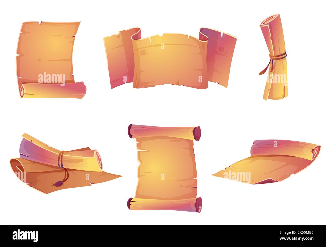 Set of ancient parchment rolls isolated on white background. Cartoon vector illustration of ...