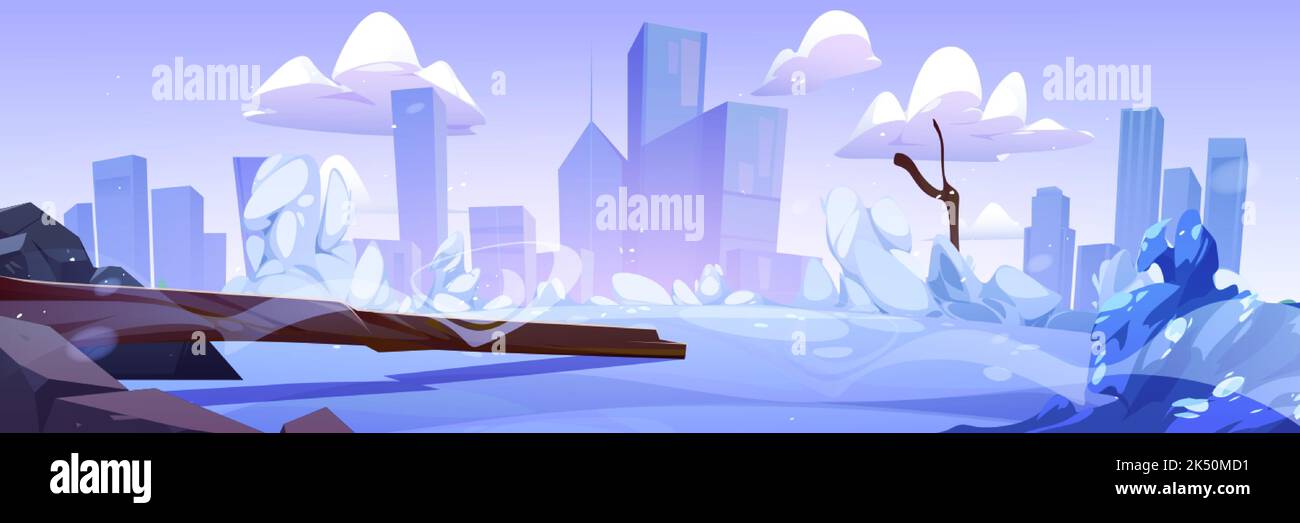 Cartoon winter scenery with snowy cityscape, frozen lake in public ...