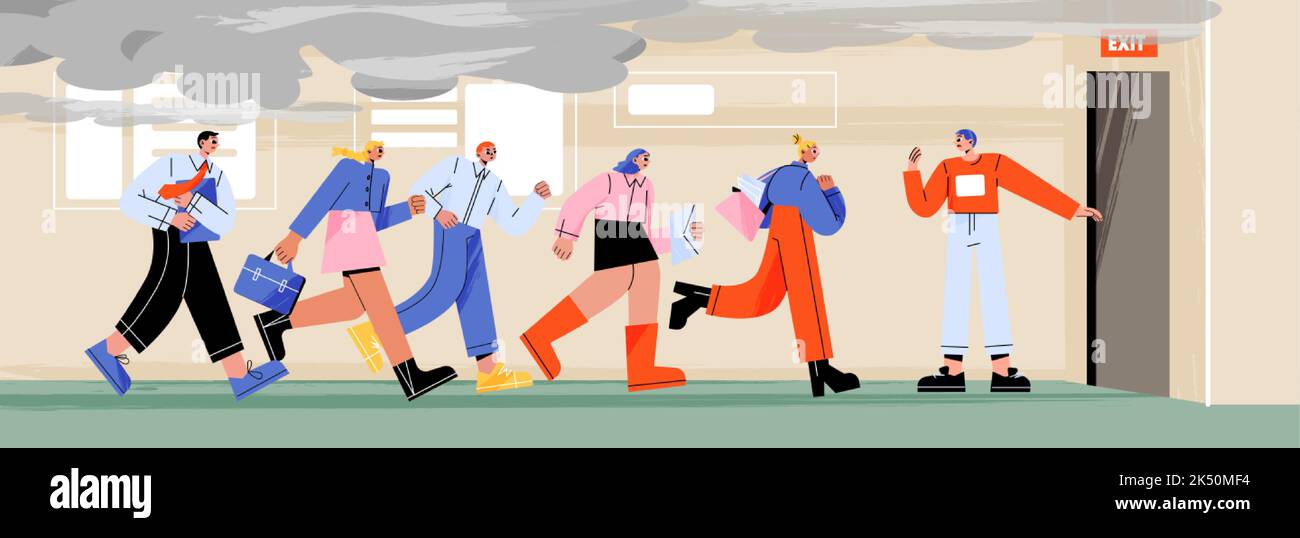 Fire emergency evacuation in office building. People run to exit door ...