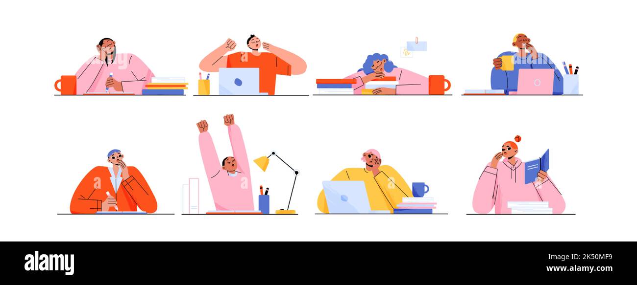 Tired and bored students feel sleepy. Diverse young characters yawn and ...
