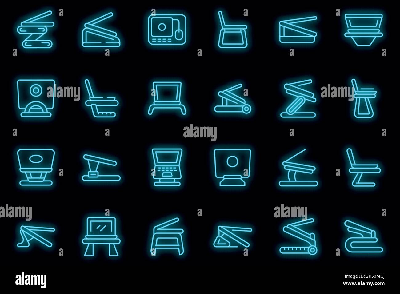 Laptop stand icons set outline vector. Compute work. Office people ...