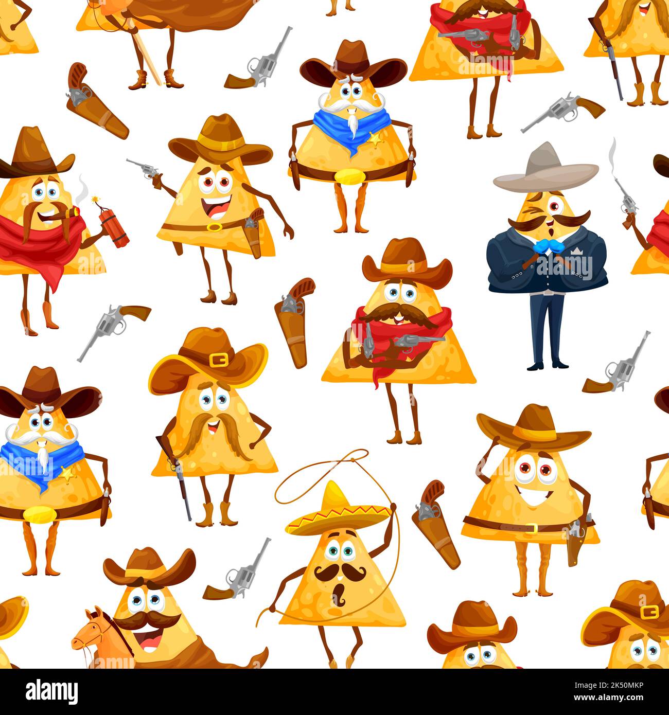 Mexican nachos chips seamless pattern, cowboy charro, sheriff and ...