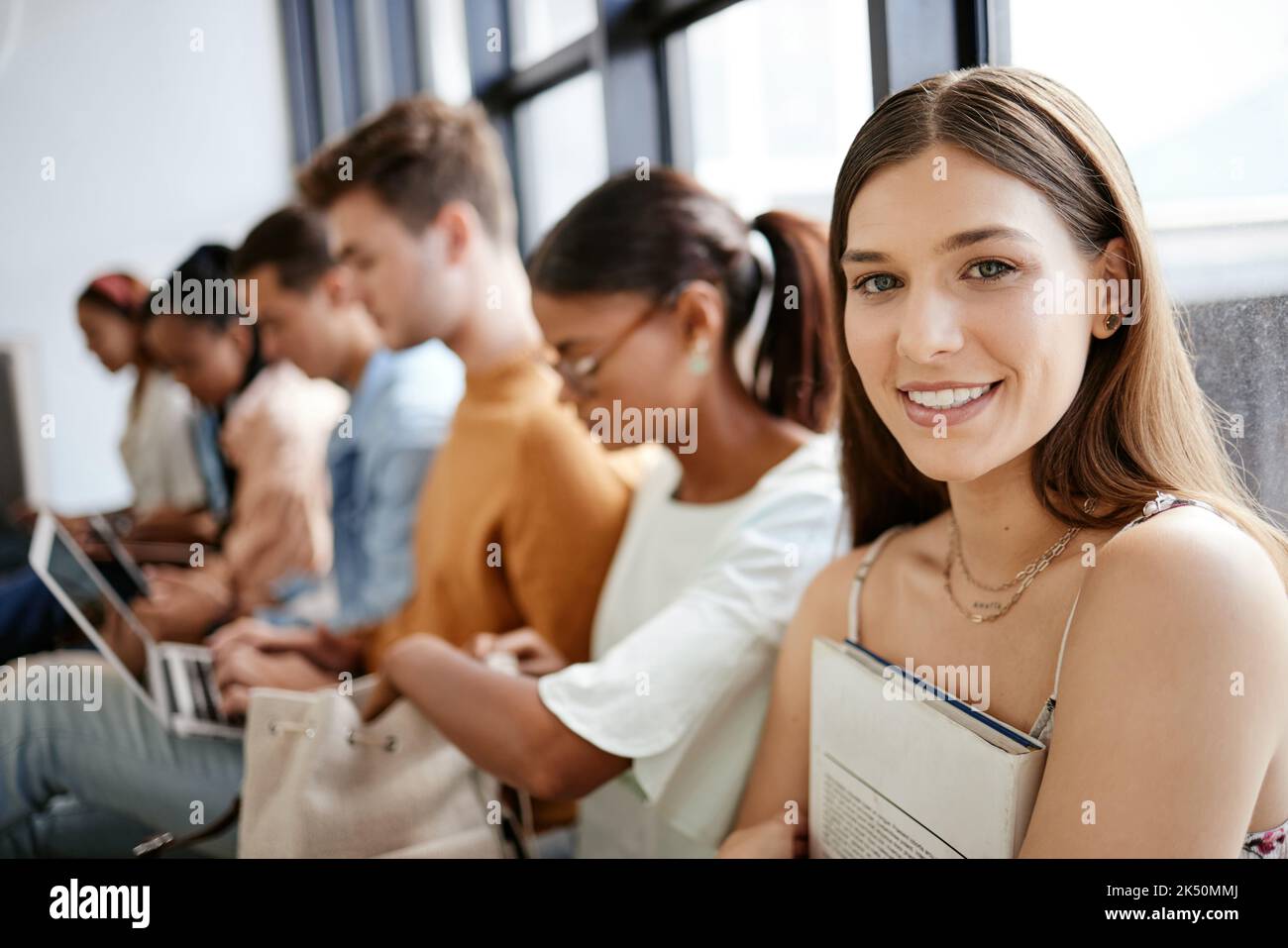 Recruitment, waiting room and students portrait at internship opportunity, HR interview or ...