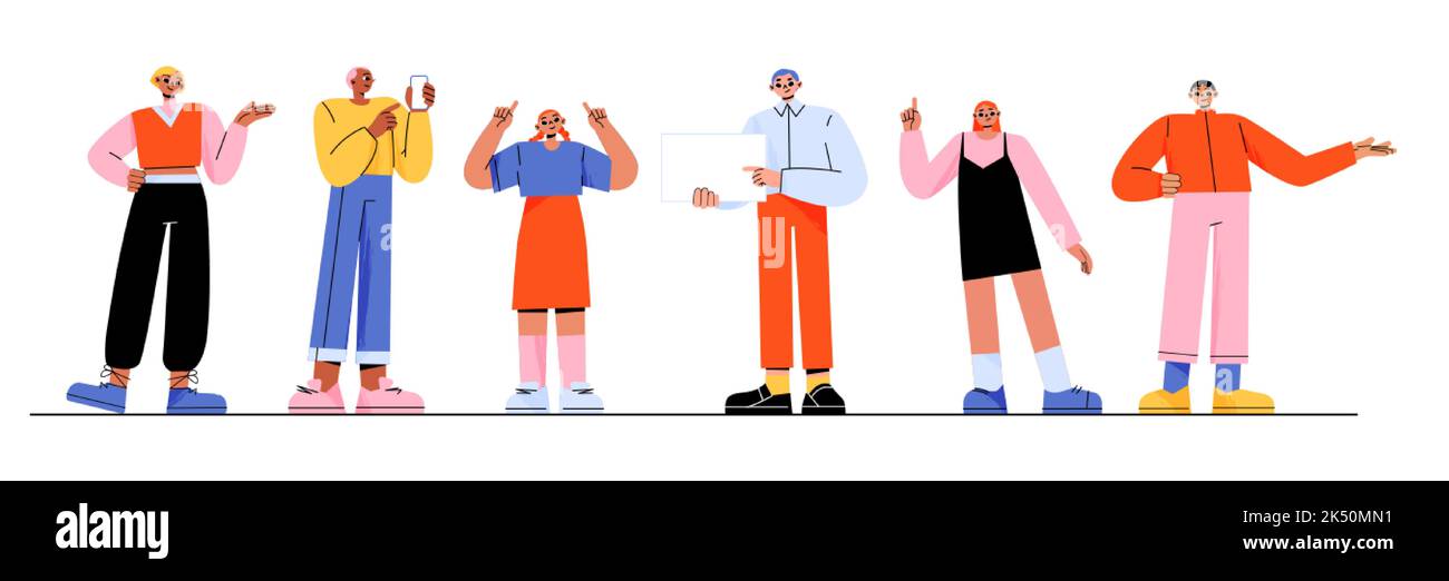 People pointing up and aside with finger and hand, showing blank screen ...