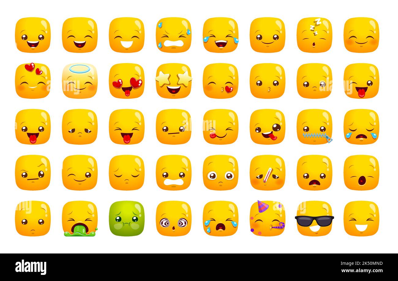 Smile emoji and expression icons of emoticon faces, vector happy, sad ...