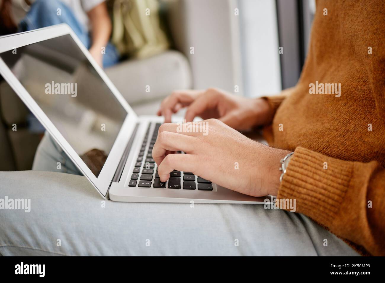 Education, mockup and laptop with hands of student typing for knowledge ...