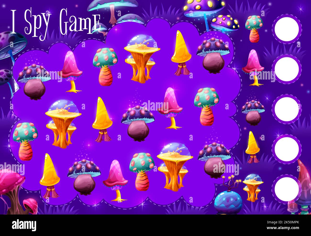 I spy game, magic luminous mushrooms. Kids game vector worksheet, maths ...