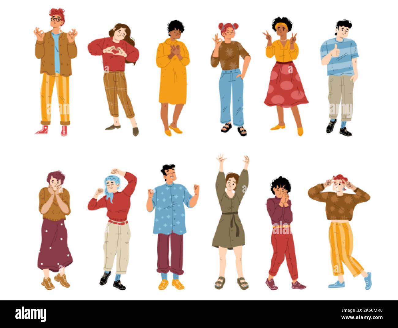 Happy people with positive emotions and body language. Diverse excited ...