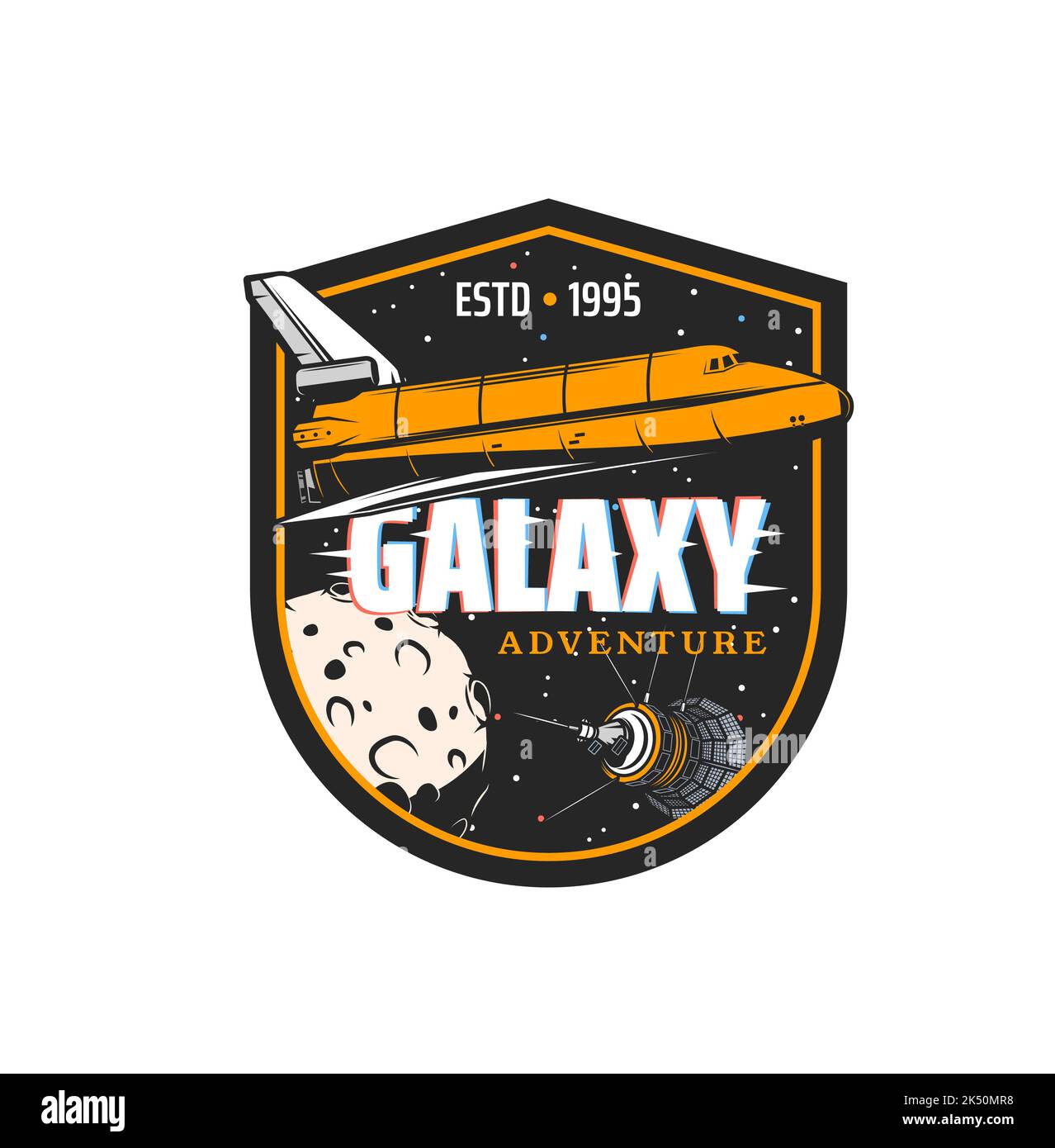 Galaxy adventure. Space shuttle icon, vector universe planets and stars ...