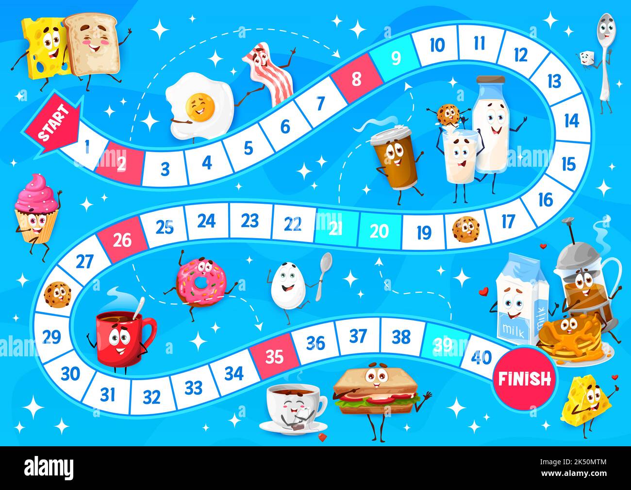 Step board game. Cartoon breakfast characters. Child boardgame, dice ...