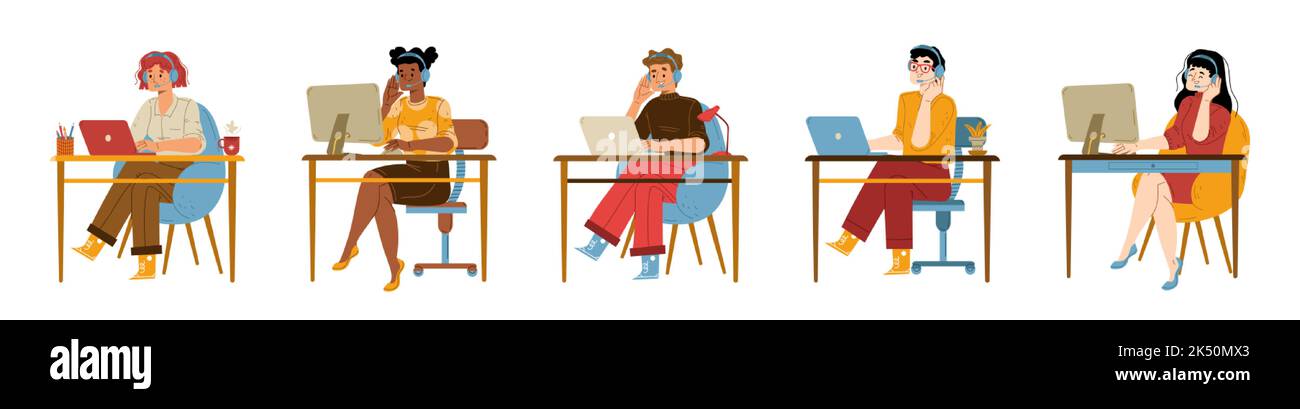 Operators in headset working in call center, customer support service. Diverse people sitting at ...