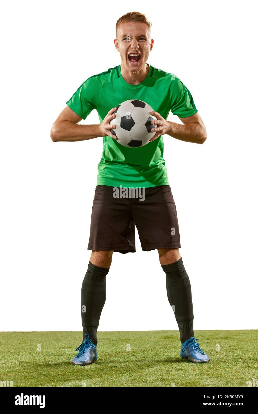 Excited football player shouting, expressing win emotions isolated over ...