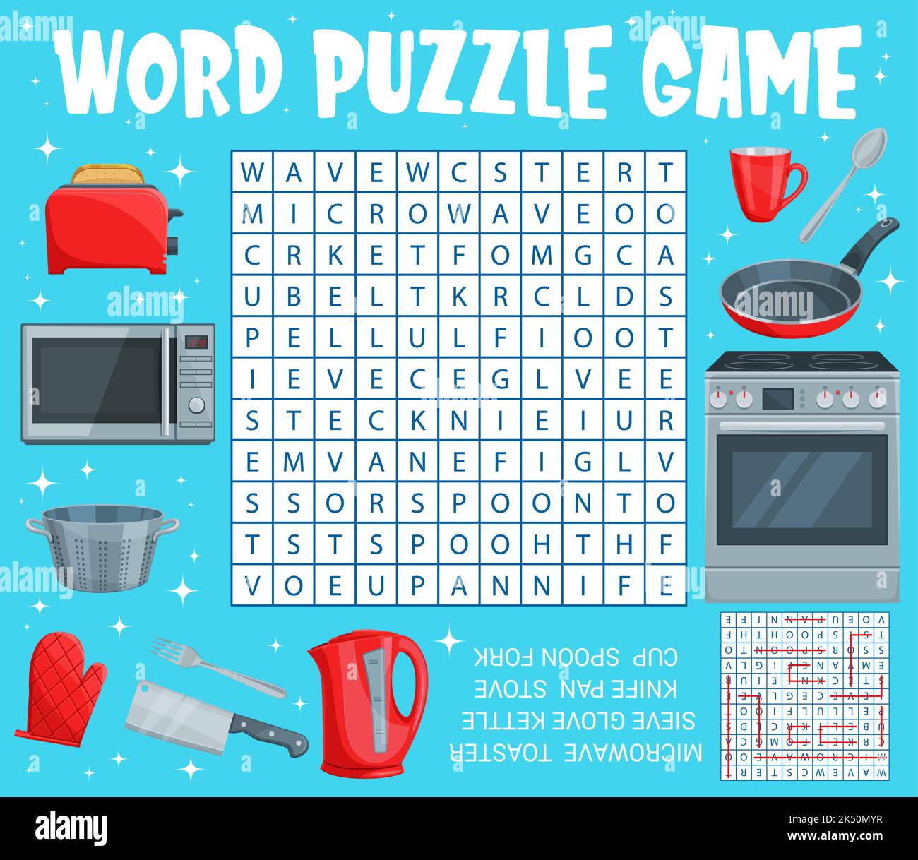 Kitchen appliance and utensil on word search puzzle game worksheet ...