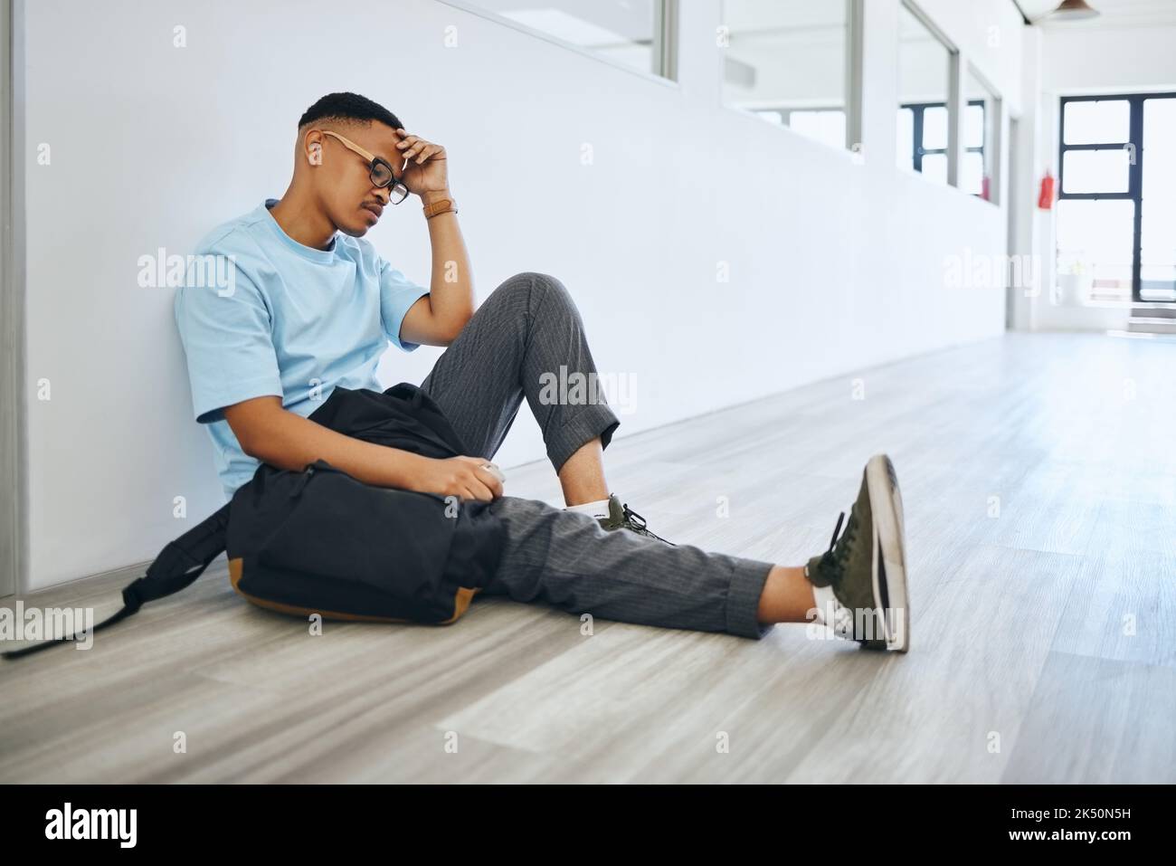 Depression, mental health and student thinking on a floor, stress and ...