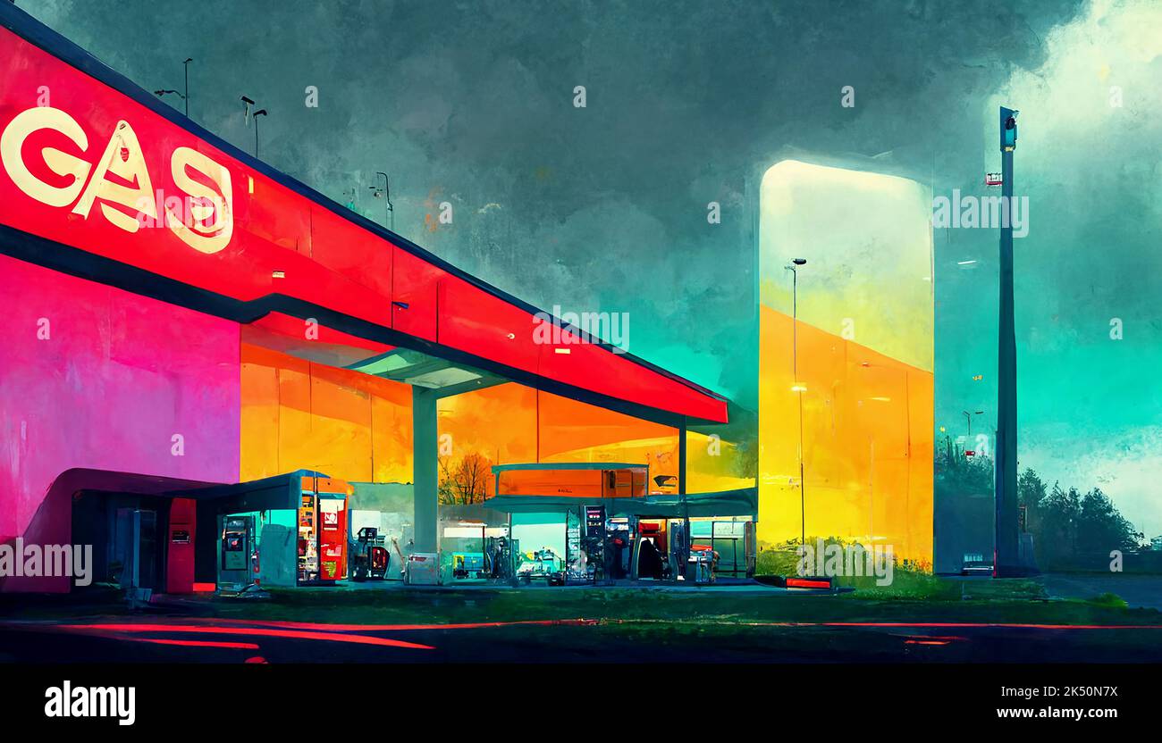A colorful illustration of a gas station at night with neon lights and ...