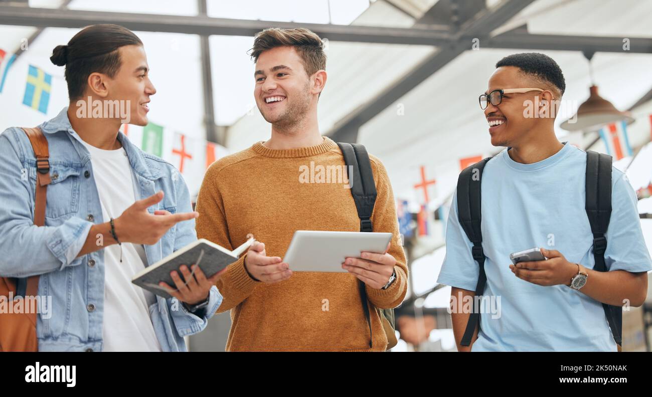 Student, friends and talking of university happy students diversity ...