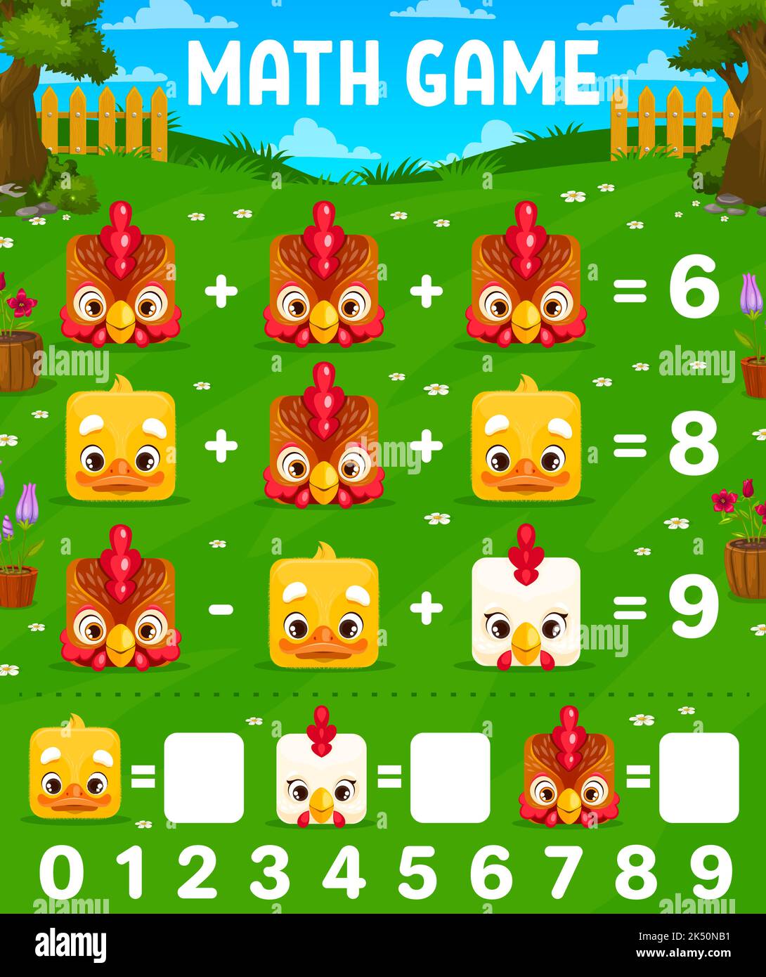 Cartoon square hen, chicken and rooster characters. Math game worksheet ...