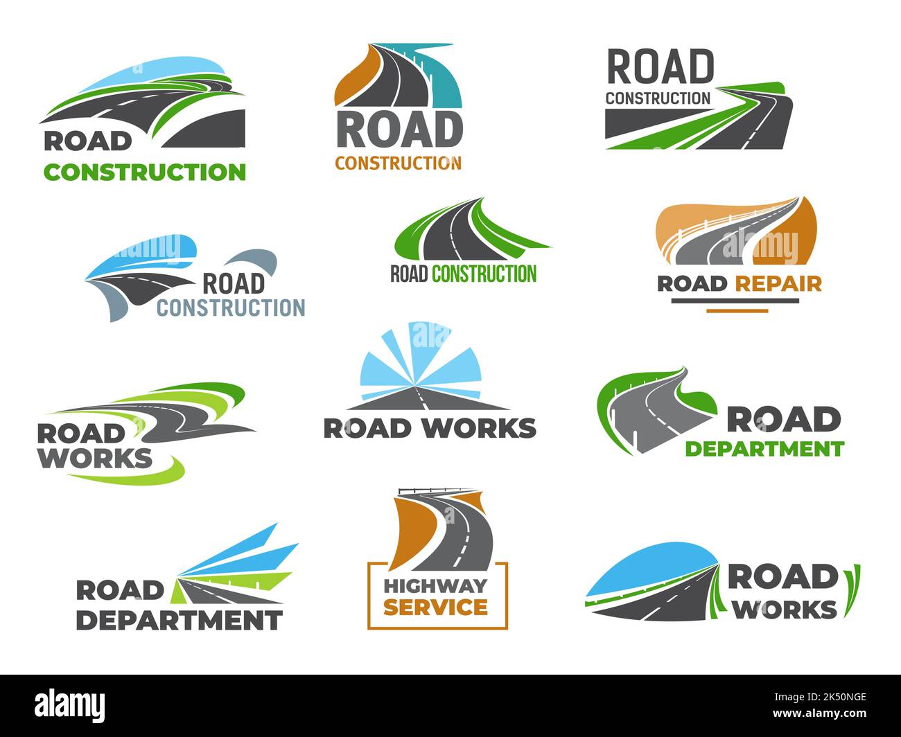 Road construction and repair service icons. Highway asphalt repair sign ...