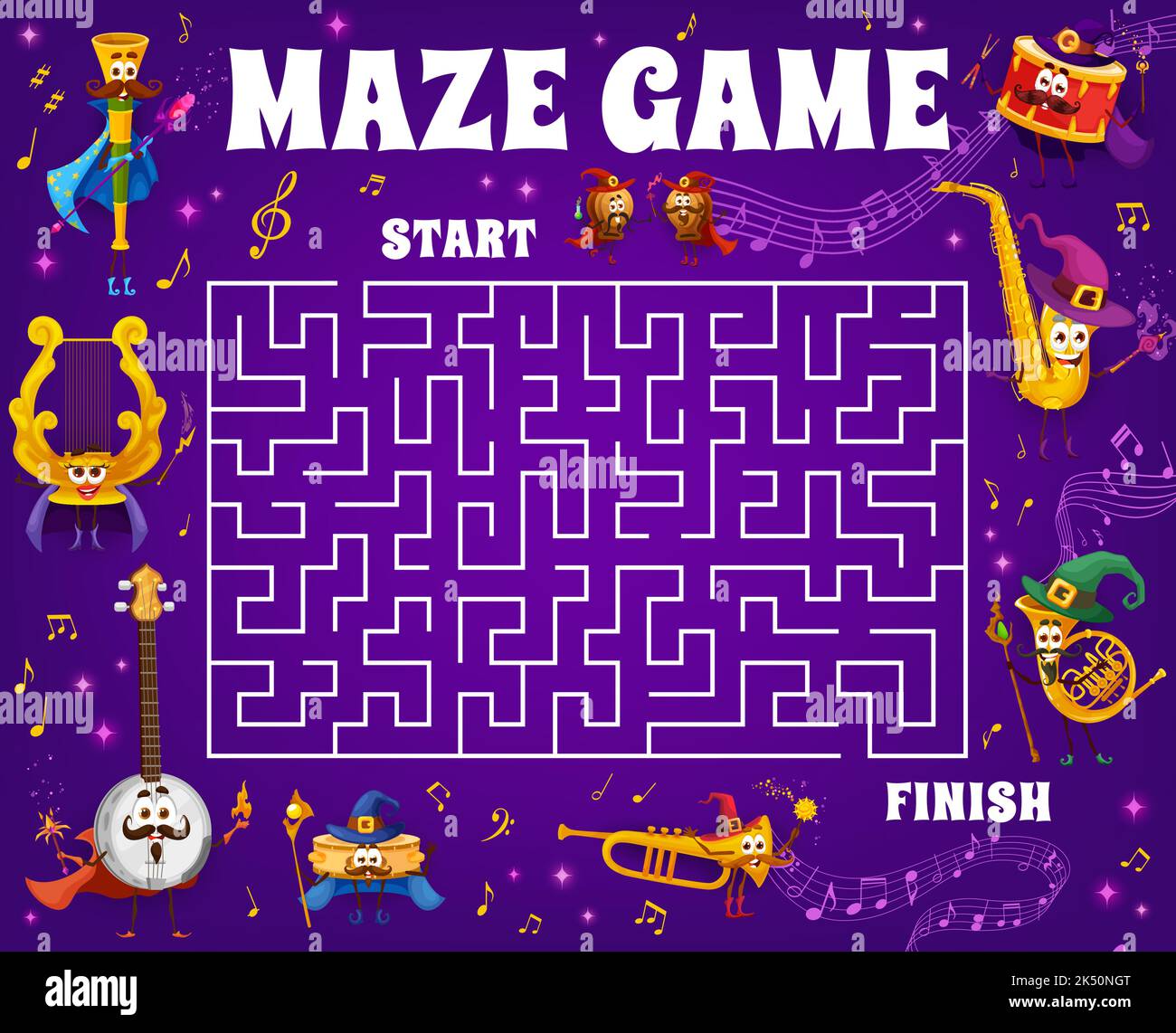 Labyrinth maze game. Wizard musical instrument characters, sound waves ...