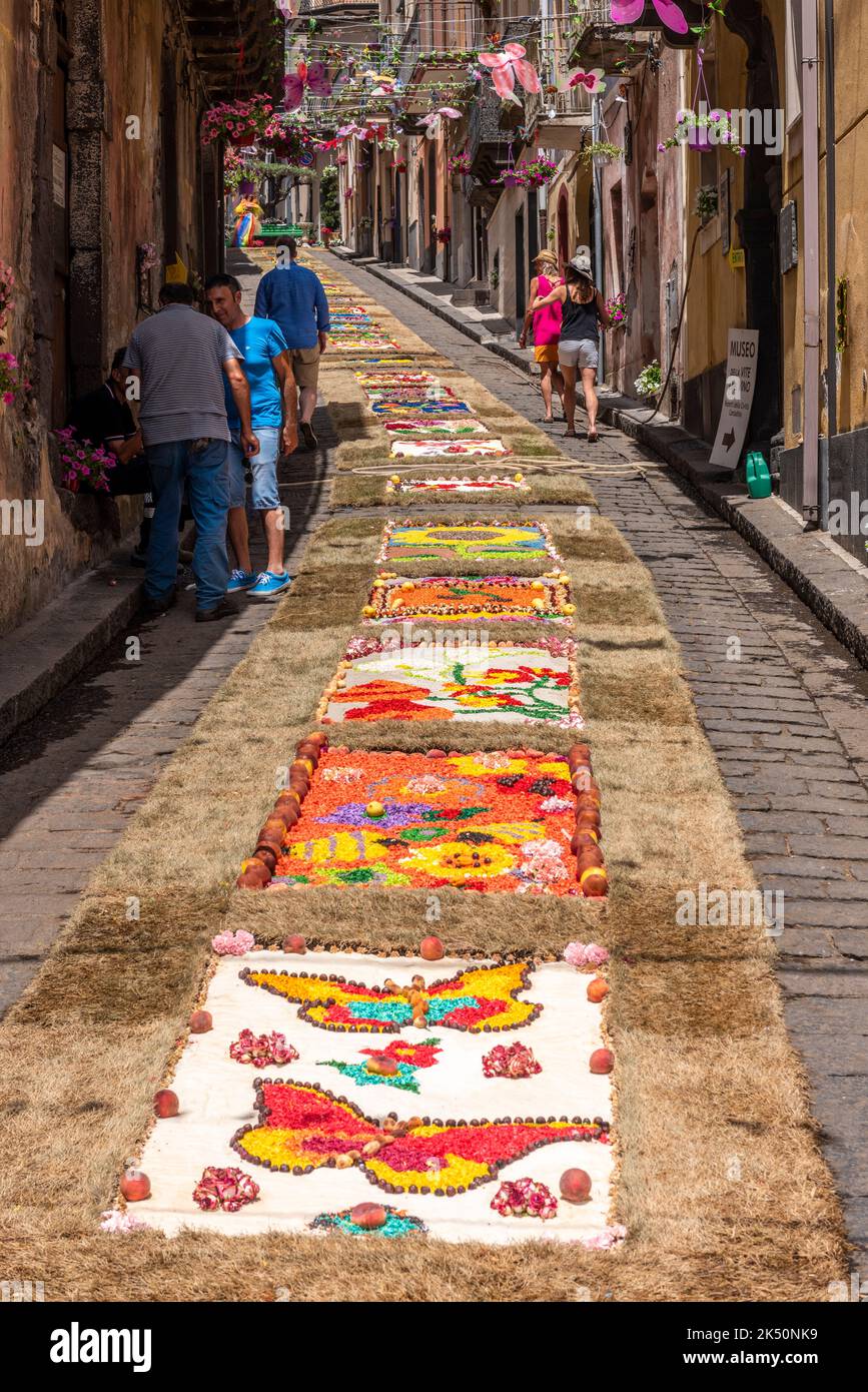 A decorated street in the Sicilian village of Sant'Alfio, during the ...