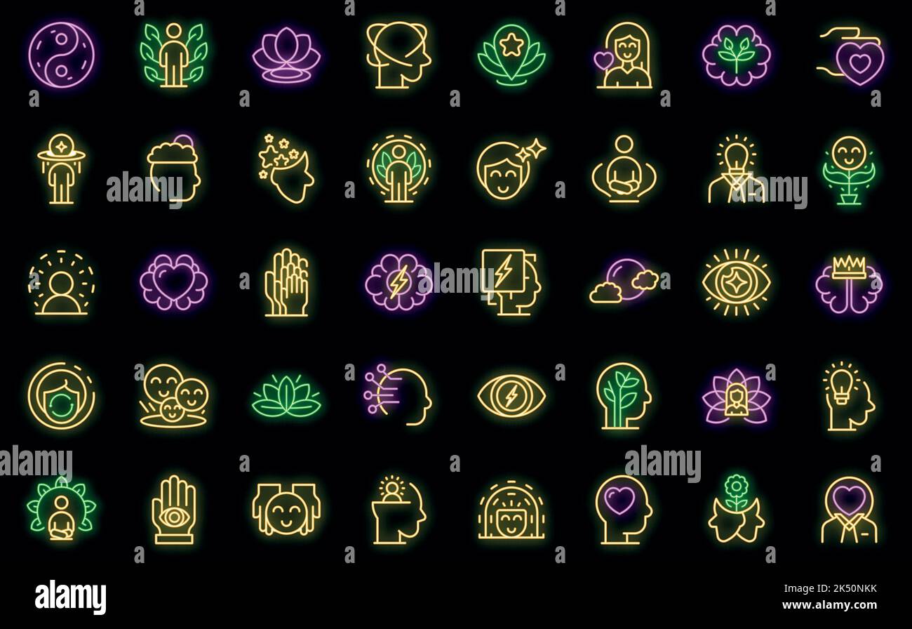Mindfulness icons set outline vector. Mind stress. Relax peace vector neon Stock Vector Image ...