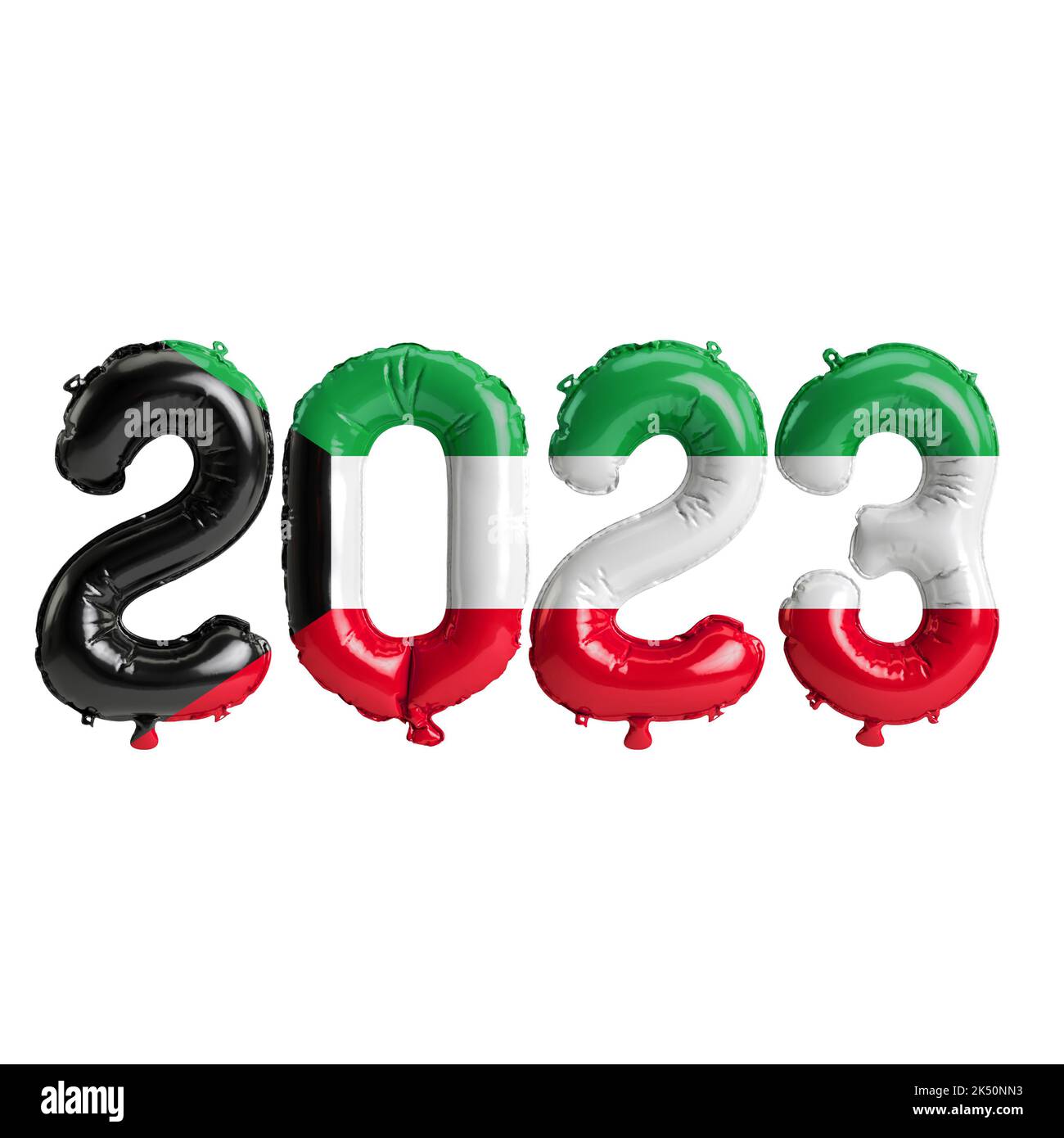 3d illustration of 2023 year balloons with Kuwait flag isolated on ...