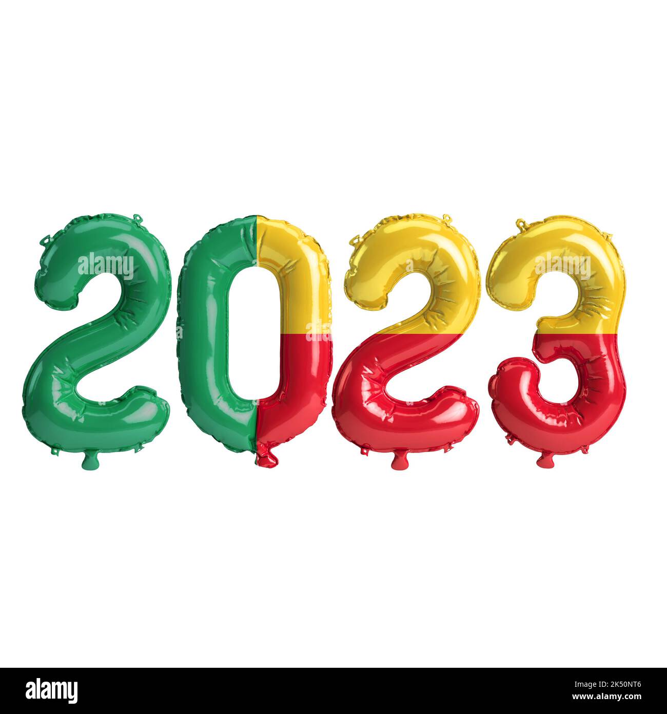 3d illustration of 2023 year balloons with Benin flag isolated on white ...