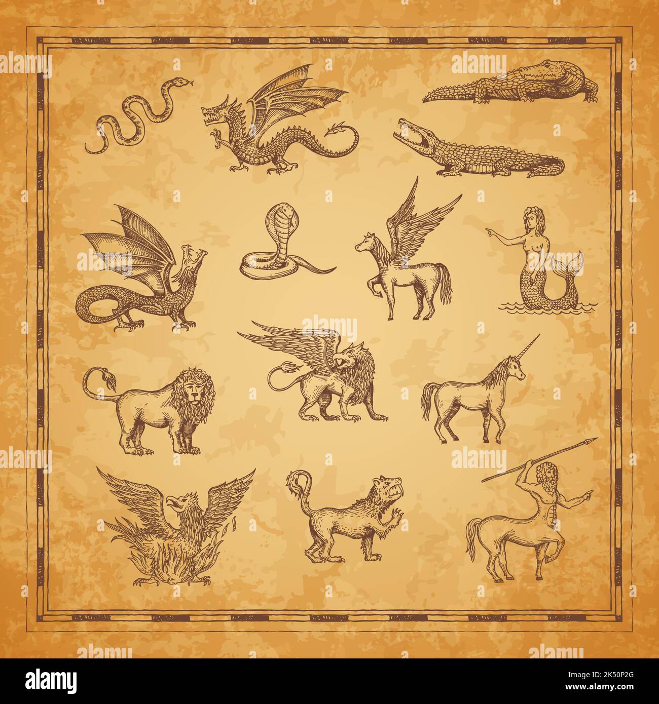 Vintage map characters of unicorn, dragon and pegasus, minotaur, lion ...