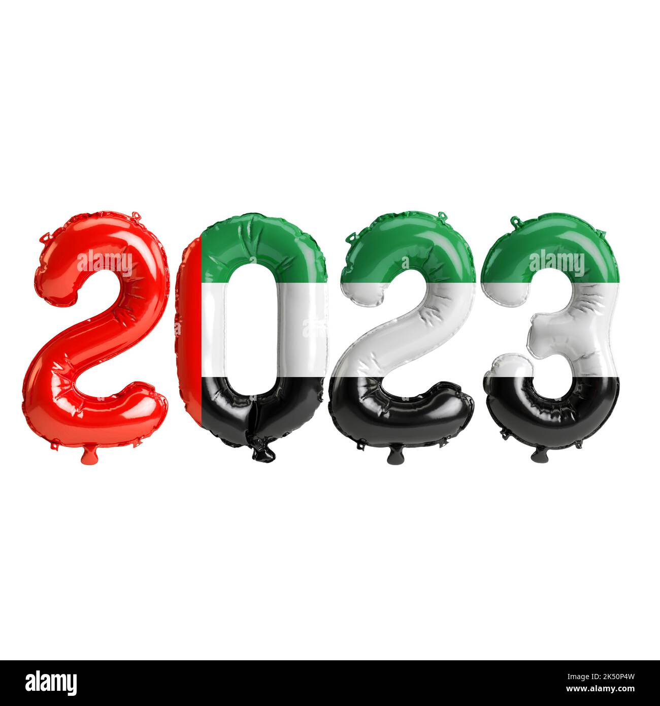 3d illustration of 2023 year balloons with Uae flag isolated on white ...