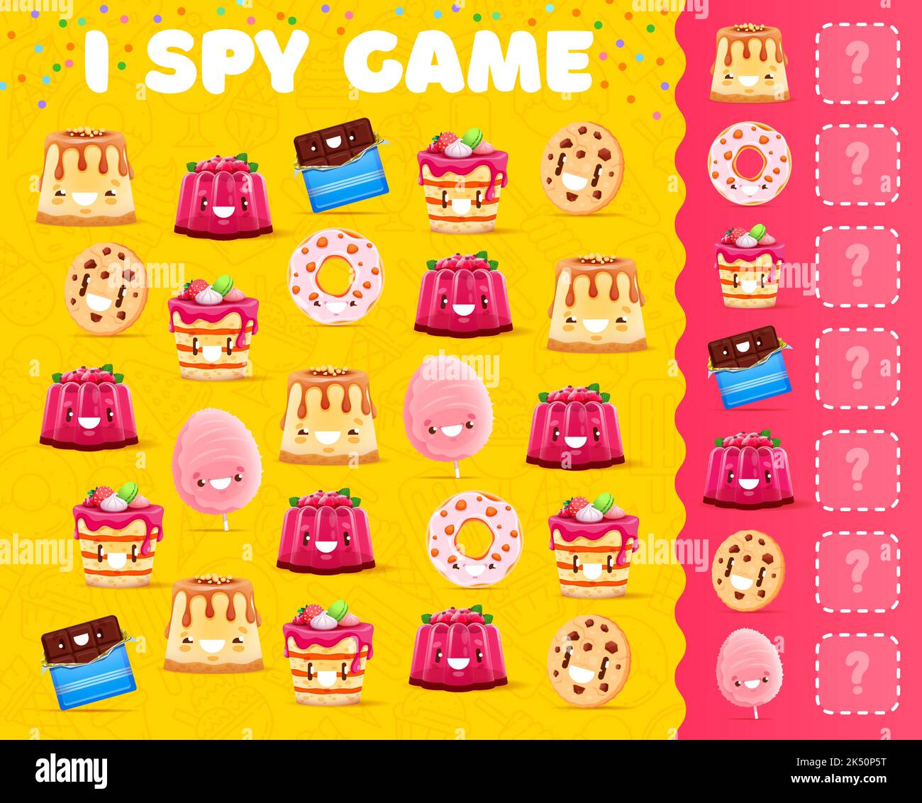 I spy game. Cartoon sweets and dessert characters. Kids object finding ...