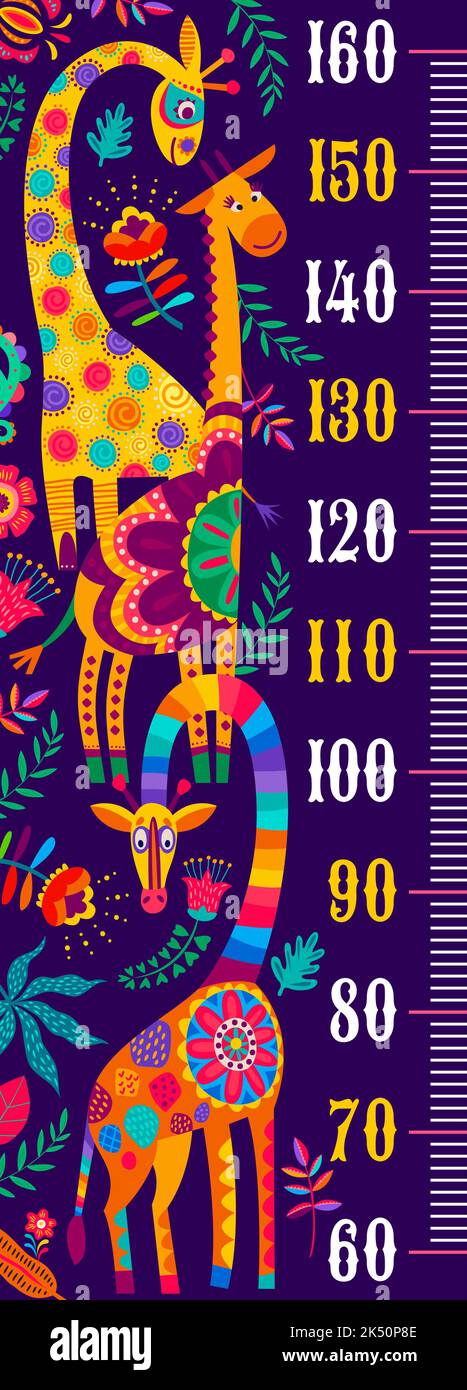 Kids height chart ruler with african giraffes and flowers. Kids height ...