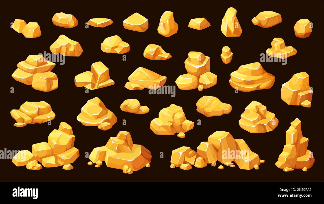Golden ore nuggets and bullions, cartoon gold rocks and stone piles ...