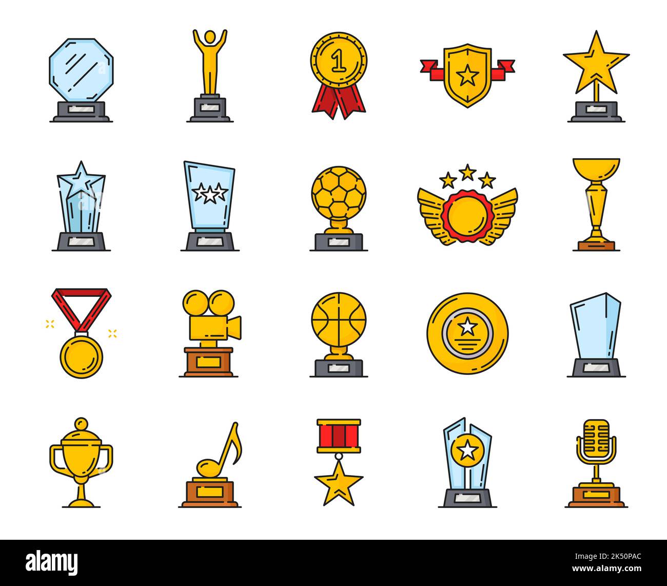 Golden line award trophy icons, victory cups and winner prize goblets ...