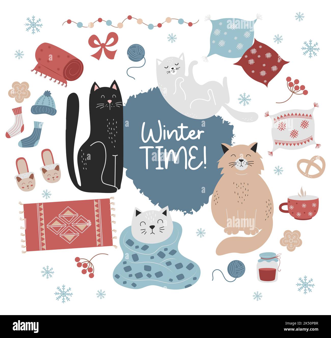 Collection cozy winter time. Cute cats and things. Vector isolated ...