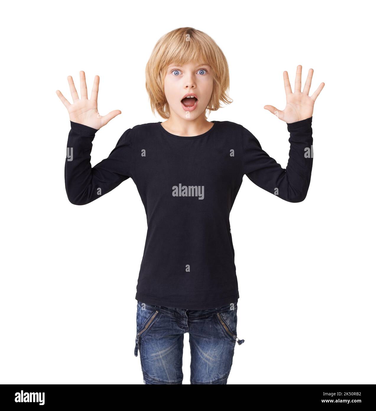 Childhood fears. Portrait of a pretty little girl standing with hands ...