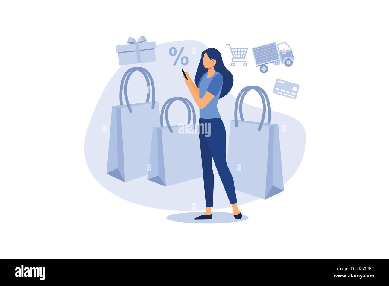 Woman choose goods in a mobile application online. Shopping concept ...