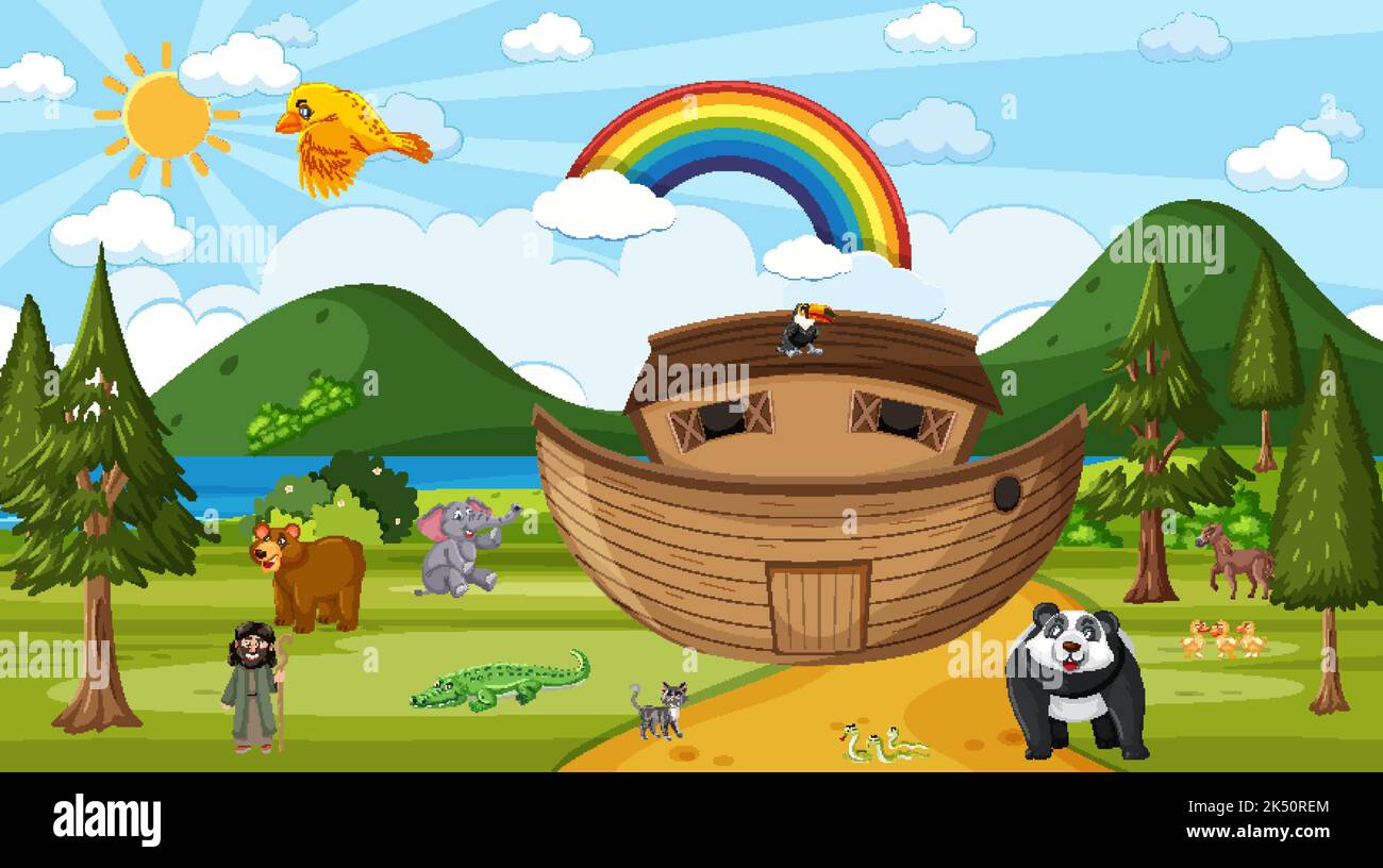 Noah's Ark with wild animals in nature scene illustration Stock Vector Image & Art - Alamy