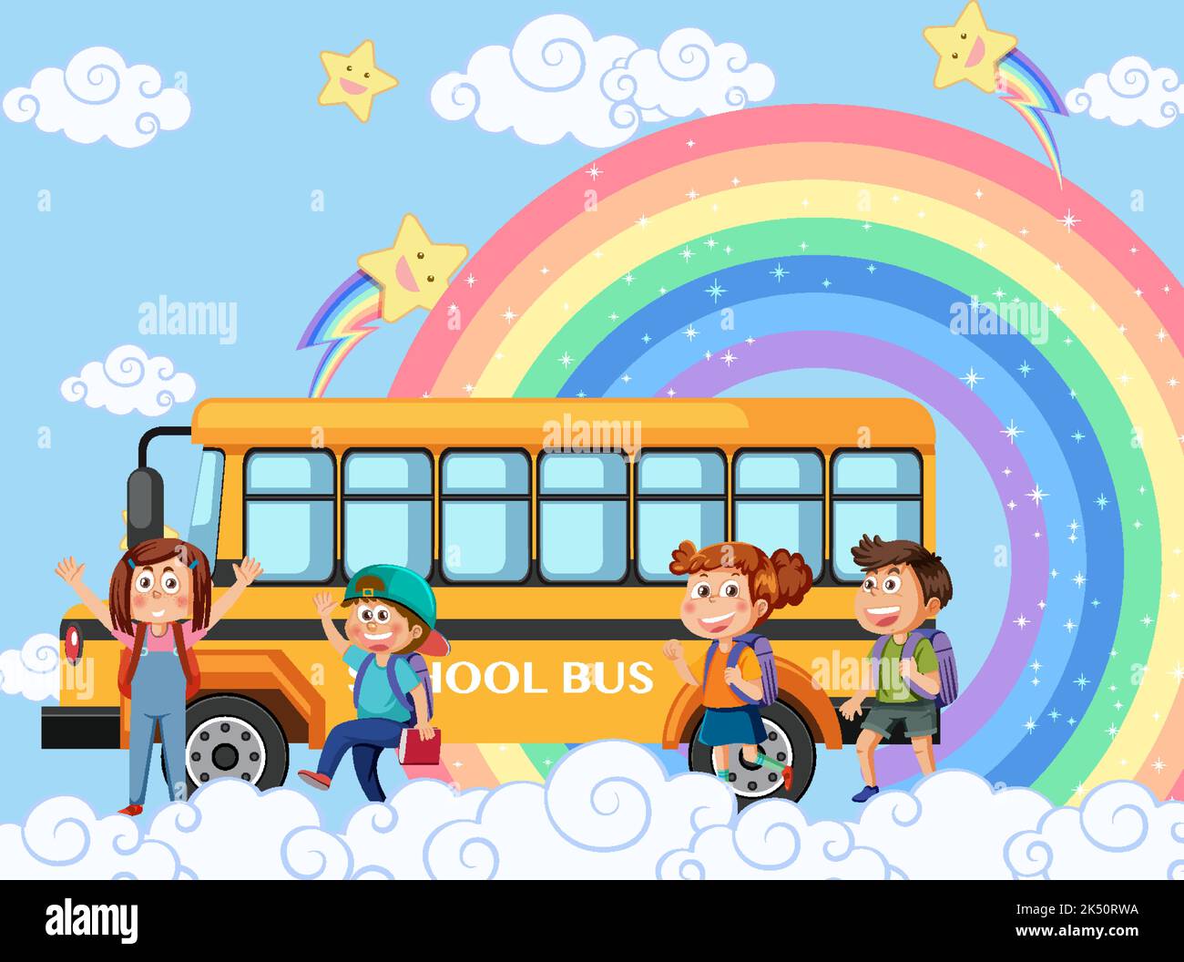 School bus children with rainbow illustration Stock Vector Image & Art ...