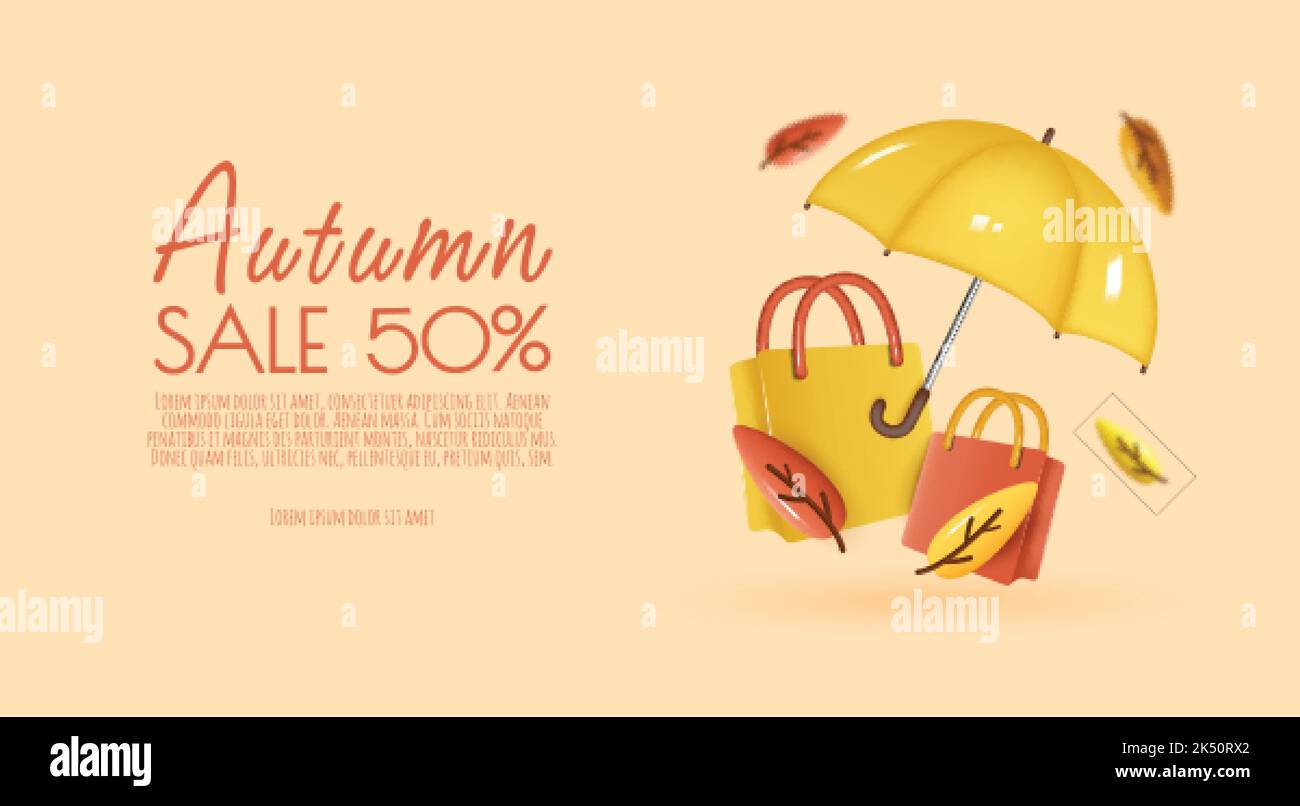 Autumn sale flyer template. Bright fall leaves with umbrella, shopping ...