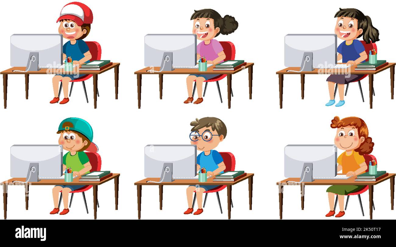 Set of different kids using computer illustration Stock Vector Image ...