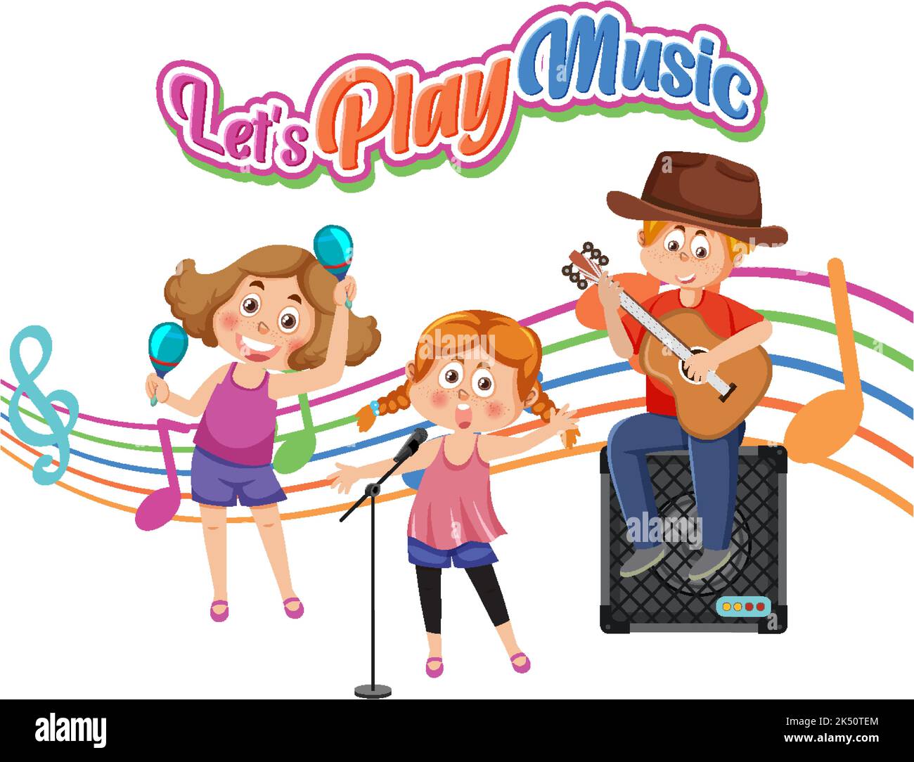 Lets play music text with children playing musical instrument ...