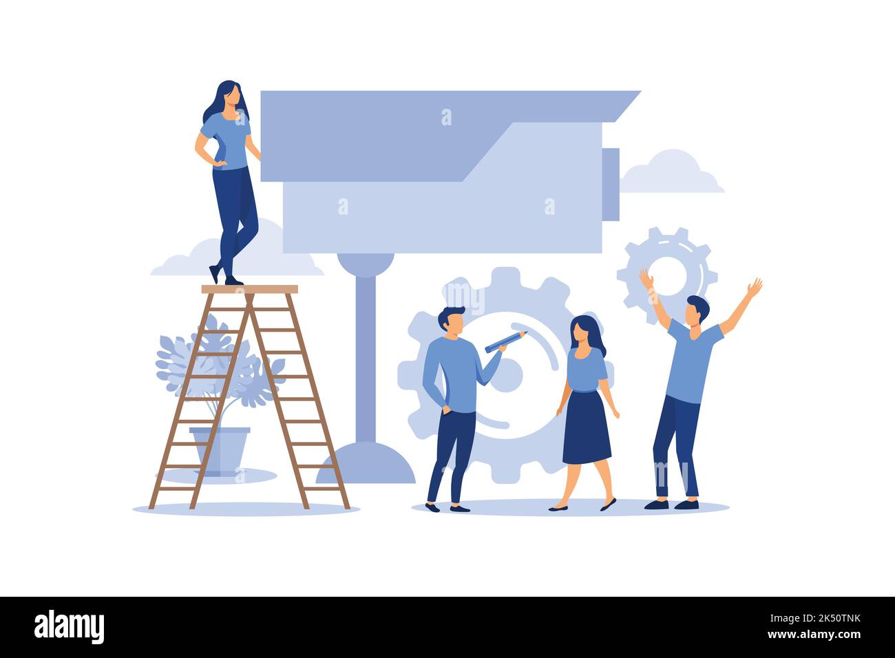 Security Camera People Scanning Protected Objects Flat Vector Design Illustration Stock Vector
